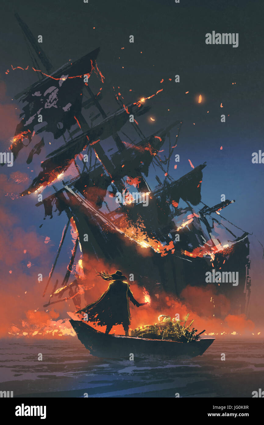 the pirate with burning torch standing on boat with treasure looking at ...