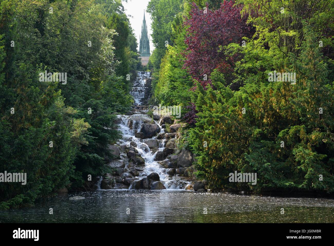 Waterfall in Viktoriapark in Berlin Kreuzberg on June 25, 2015, Germany ...