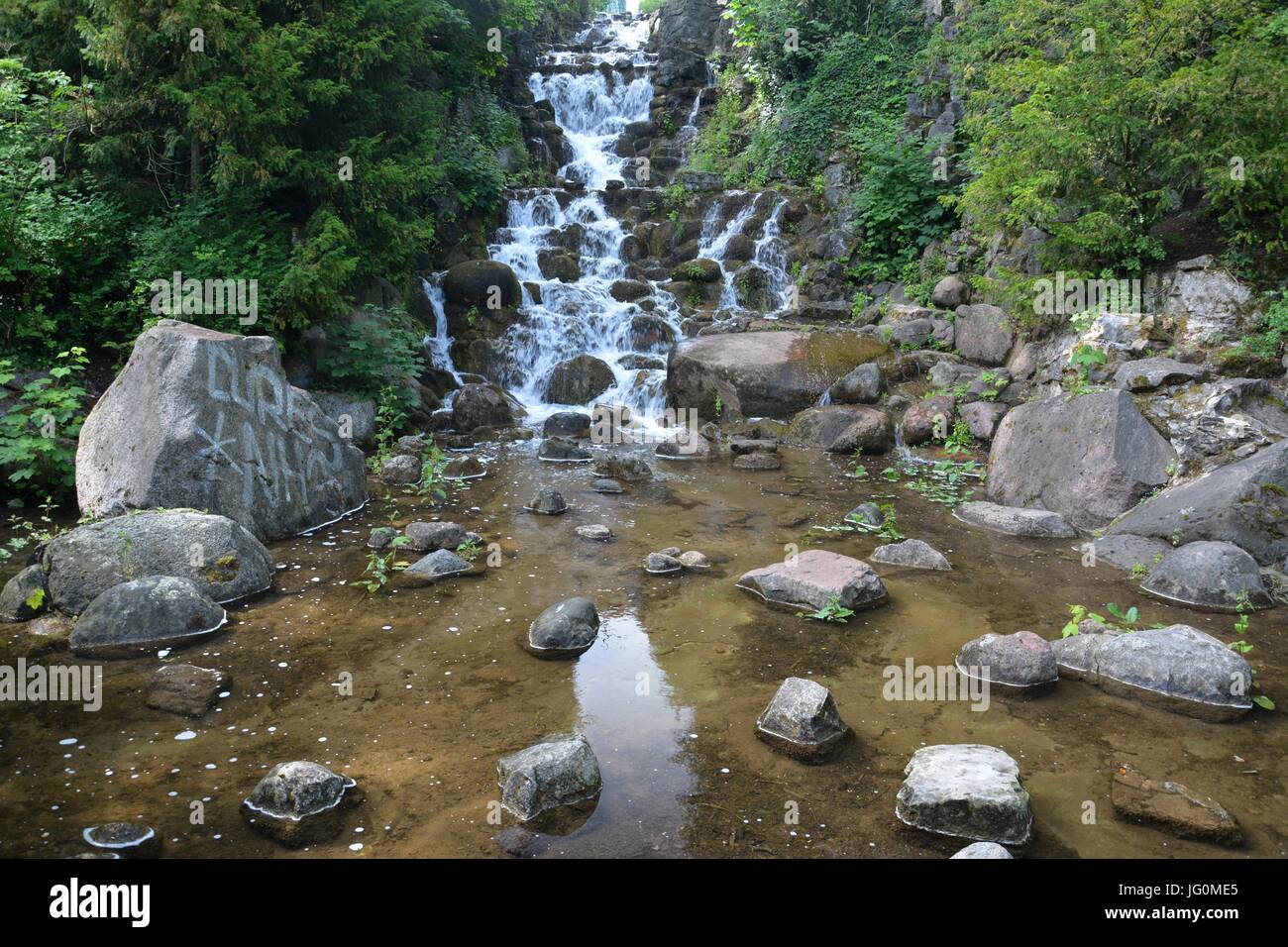 Waterfall in Viktoriapark in Berlin Kreuzberg on June 25, 2015, Germany ...