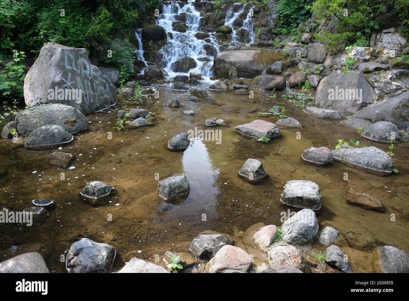 Waterfall in Viktoriapark in Berlin Kreuzberg on June 25, 2015, Germany ...