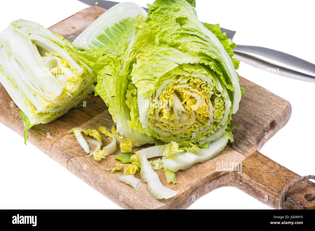 Cut cabbage of Chinese cabbage on kitchen wooden cutting board. Studio ...