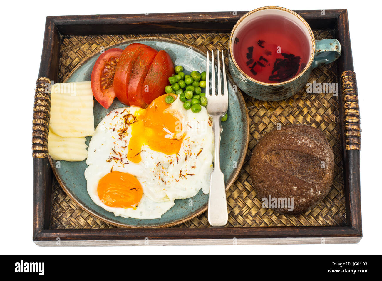 Breakfast. Wooden tray with dishes. Studio Photo Stock Photo - Alamy
