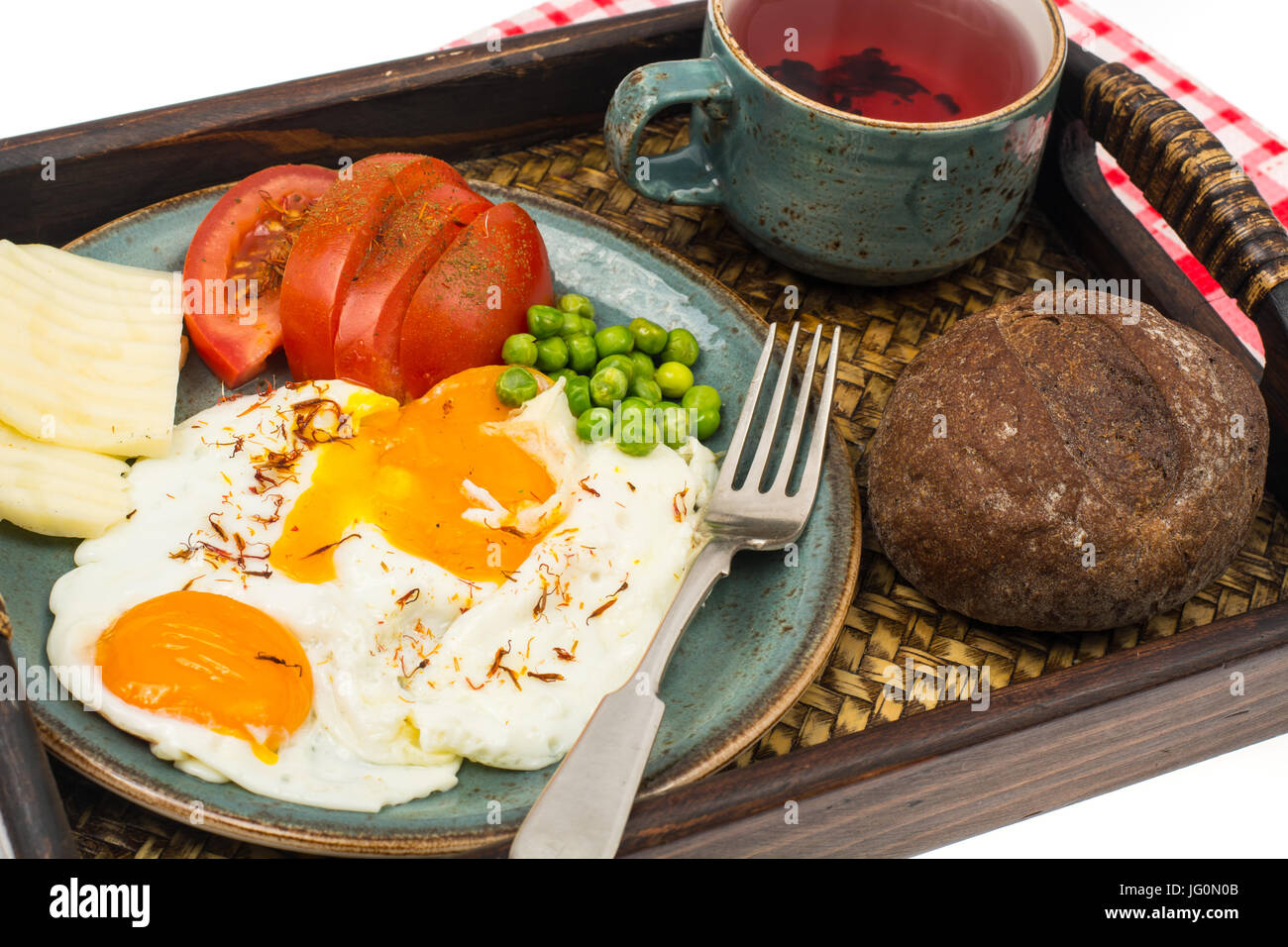 Breakfast. Wooden tray with dishes. Studio Photo Stock Photo - Alamy