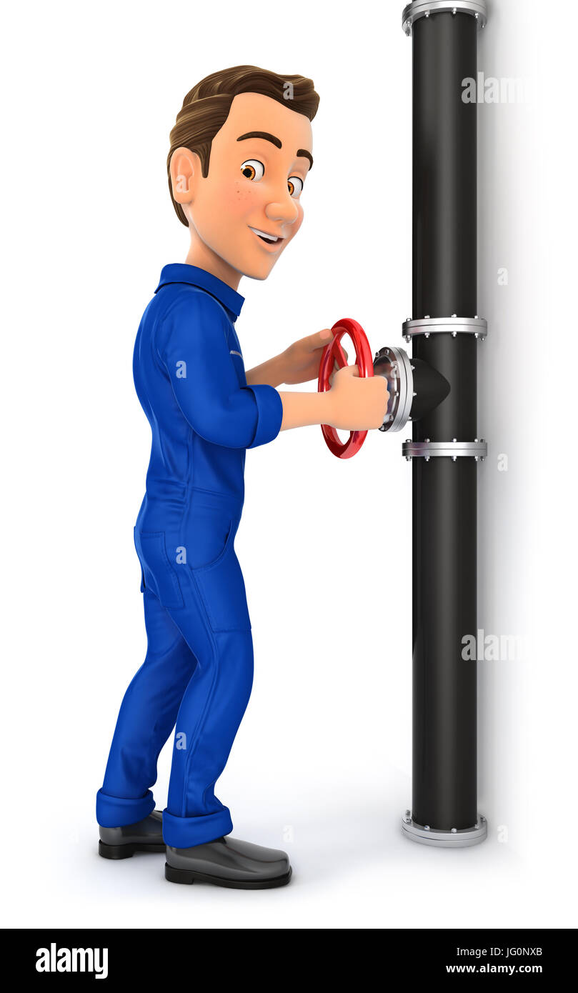 3d mechanic turning the valve, illustration with isolated white ...