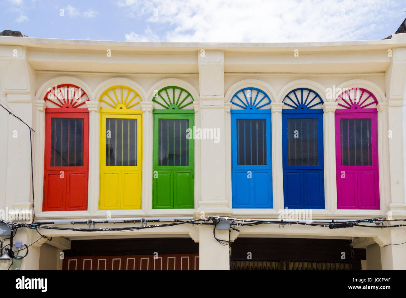 Colourful windows in Thalang Road in old Phuket Town, Thailand Stock ...