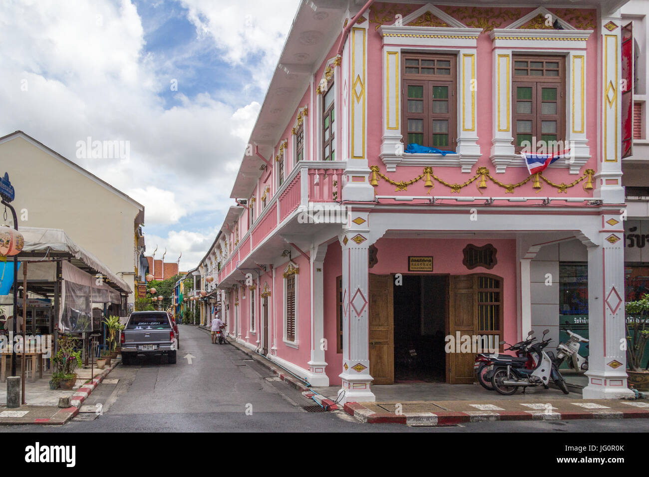 Pink sino portuguese architecture building on the corner of Soi Romanee ...