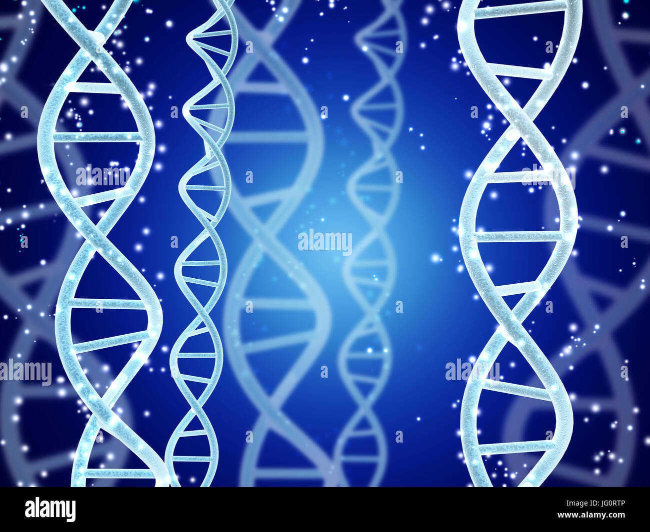 Digital models of DNA structure and magic sparks on abstract blue ...