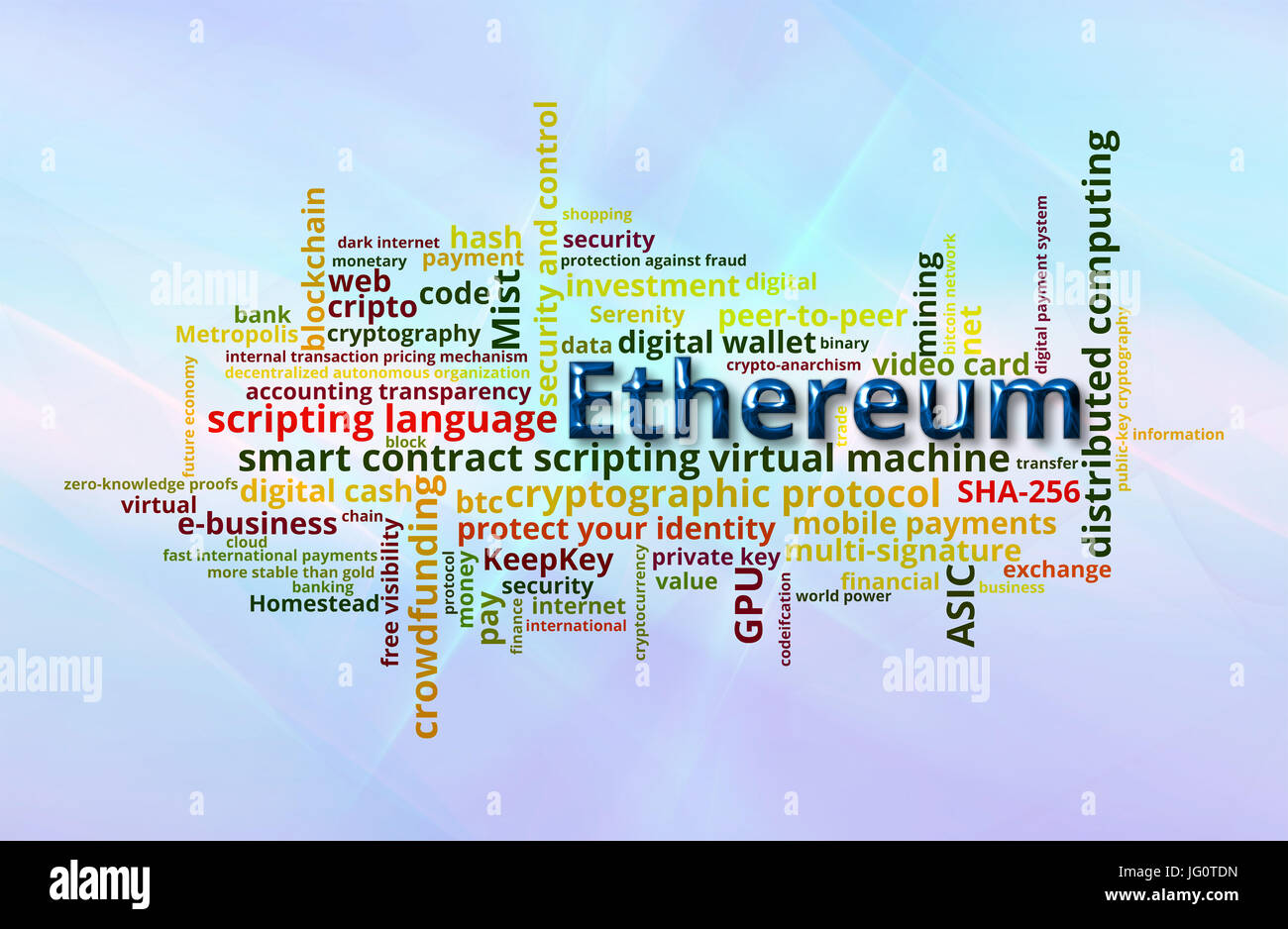 Ethereum crypto currency word cloud over abstract blue curved motion ...