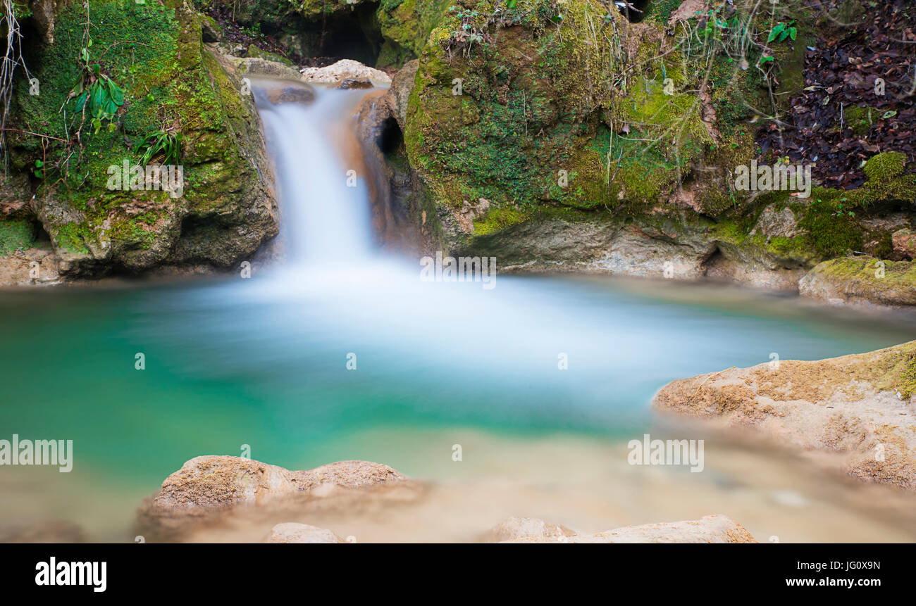 Waterfall among trees and moss covered rocks Stock Photo - Alamy