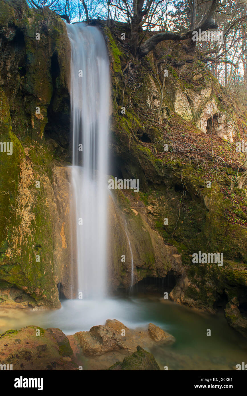 Waterfall among trees and moss covered rocks Stock Photo - Alamy