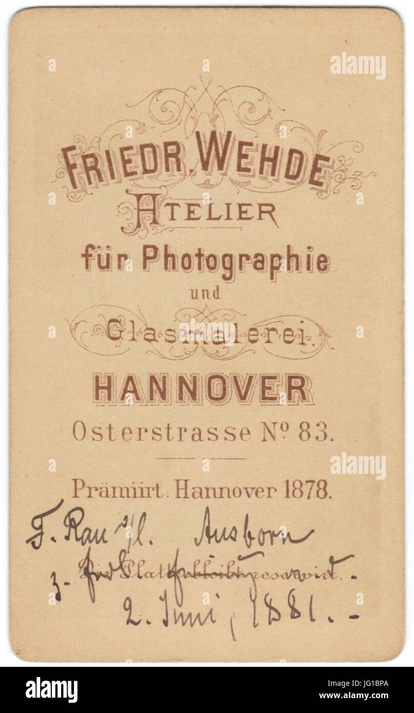 Friedrich Wehde Fotograf Rückseite einer CDV, 1881 Stock Photo - Alamy