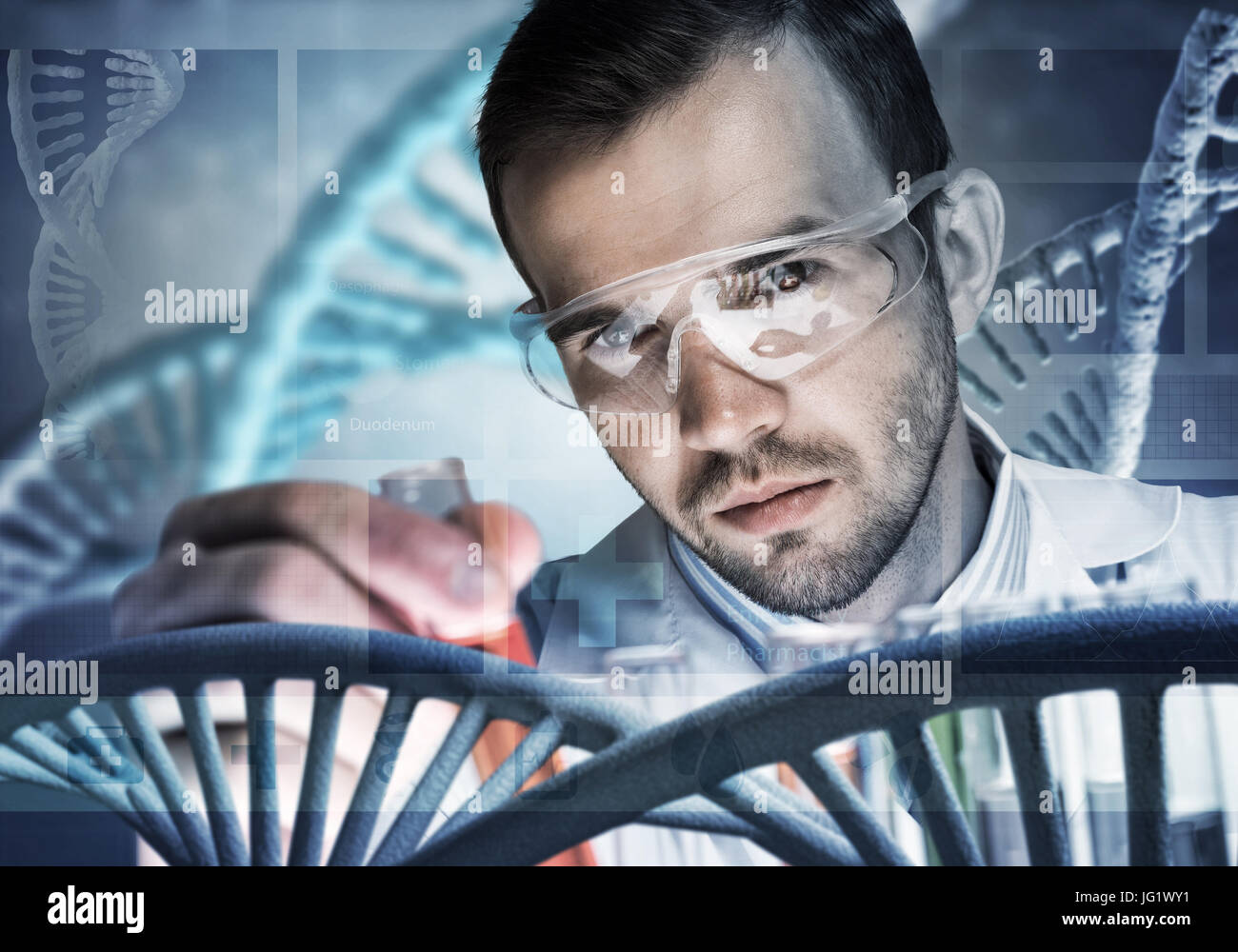 Handsome scientist making research over dna molecule structure Stock ...