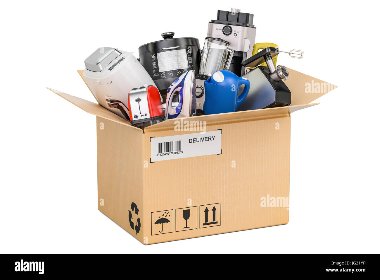 Cardboard box with household and kitchen appliances, delivery concept ...