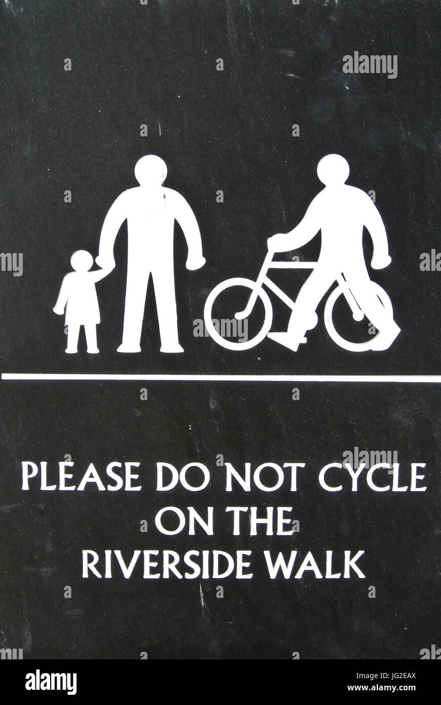 Please do not cycle on the Riverside Walk warning sign, London, England ...