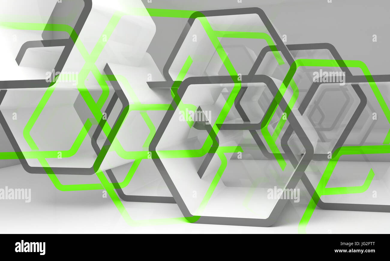 Abstract hexagonal structures with green sections. Computer graphic ...