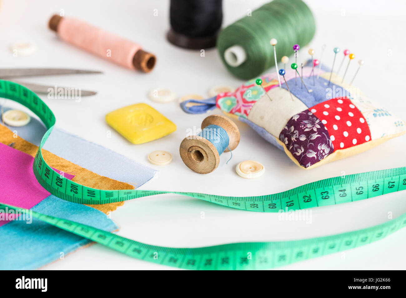 tailoring and fashion concept, patchwork, closeup sewing tools ...