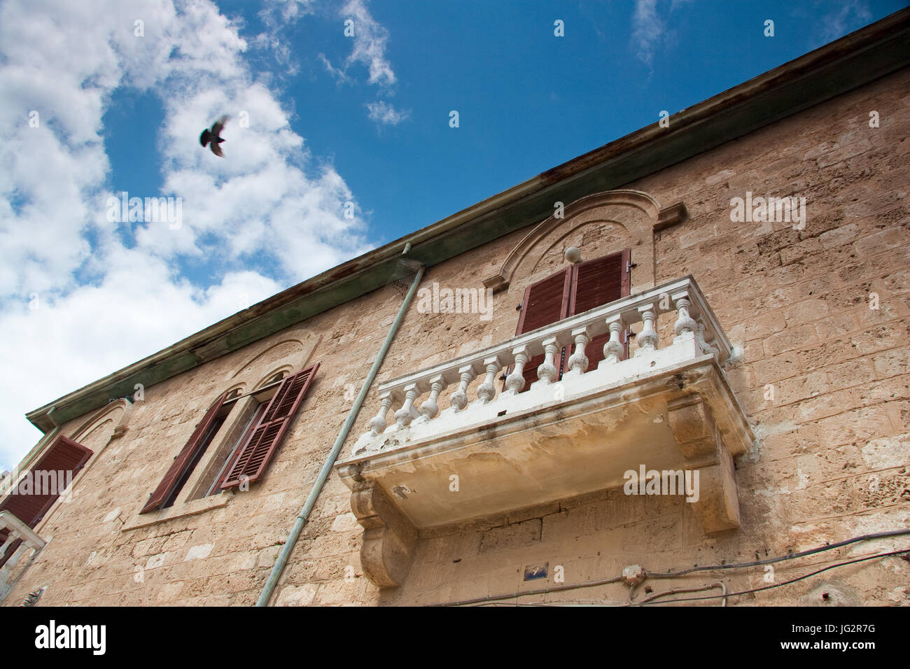 Traditional building with windows and balcony and overflying pigeon in ...