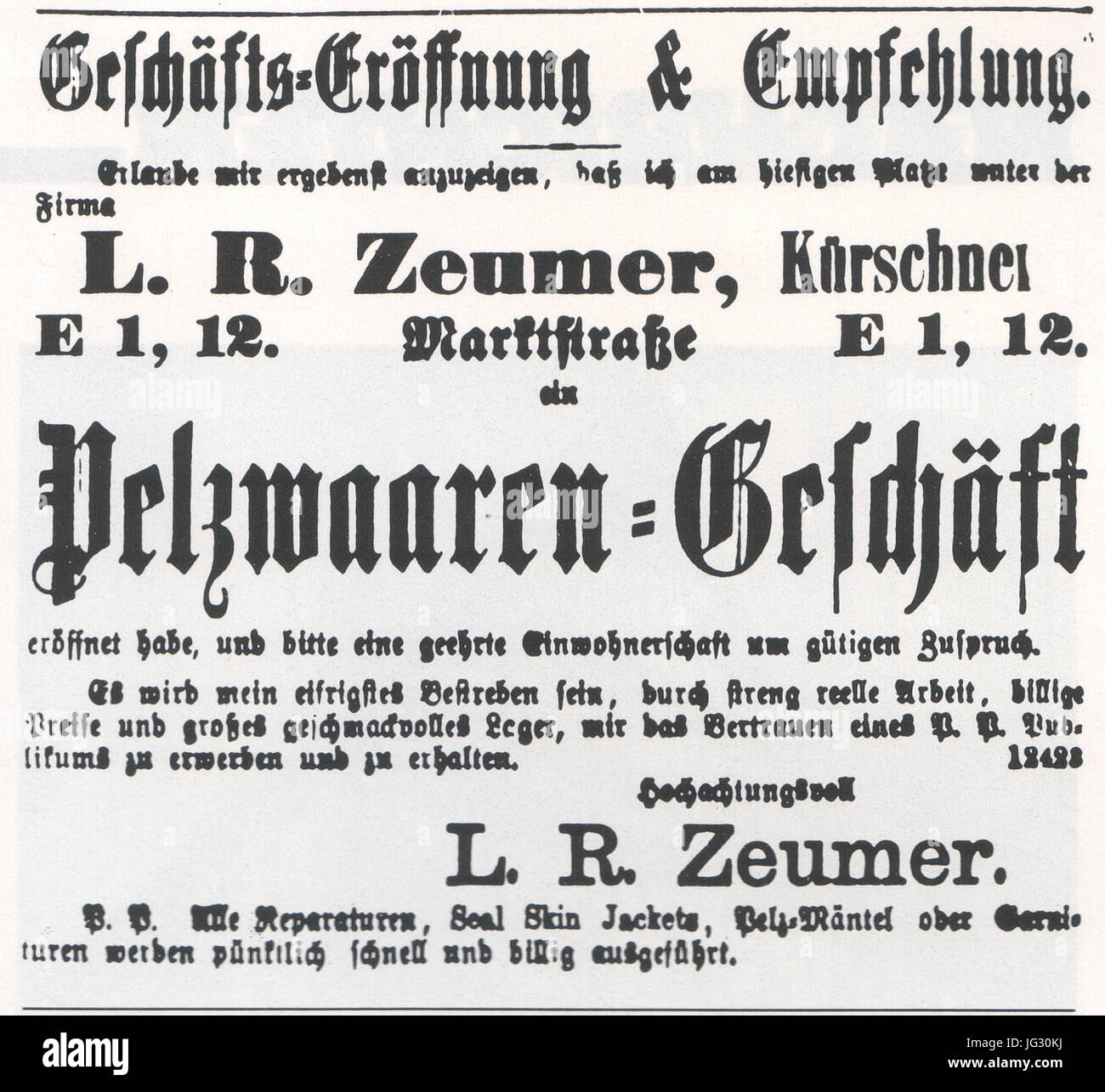 L. R. Zeumer, Mannheim, Pelzwaren Neueröffnung (1886 Stock Photo - Alamy