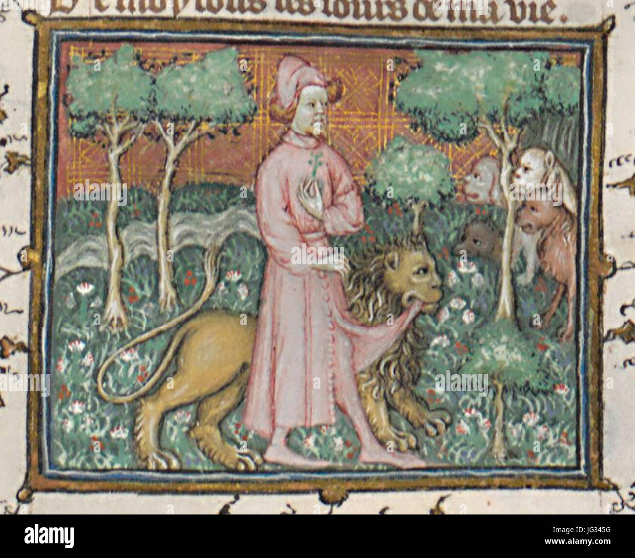 Le Dit du Lyon - Guillaume de Machaut guidé par le lion Stock Photo - Alamy