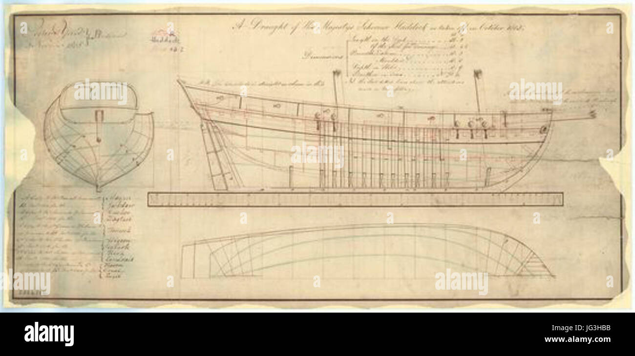 A detailed body plan or design for the HMS Haddock, likely a ship of ...