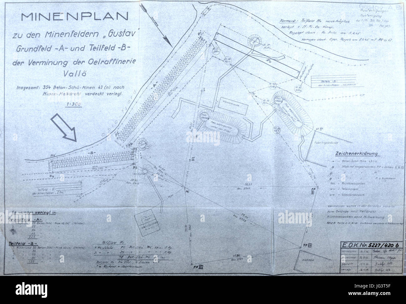 Minenplan zu den Minenfeldern «Gustav». Grundfeld A und Teilfeld B der ...