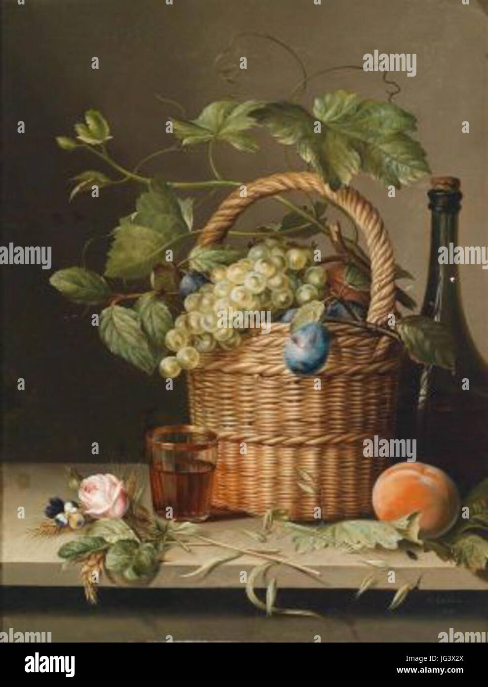 Moritz Tettelbach - Stillleben mit Weidenkorb Obst und einer Rose 1811 ...