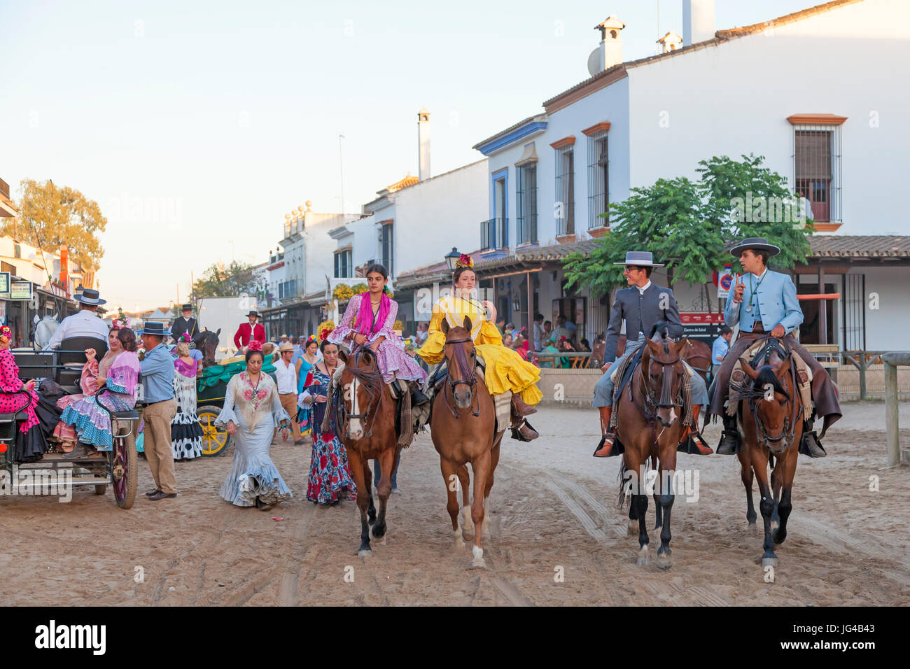 El Rocio, Spain - June 2, 2017: Pilgrims on horseback in traditional ...