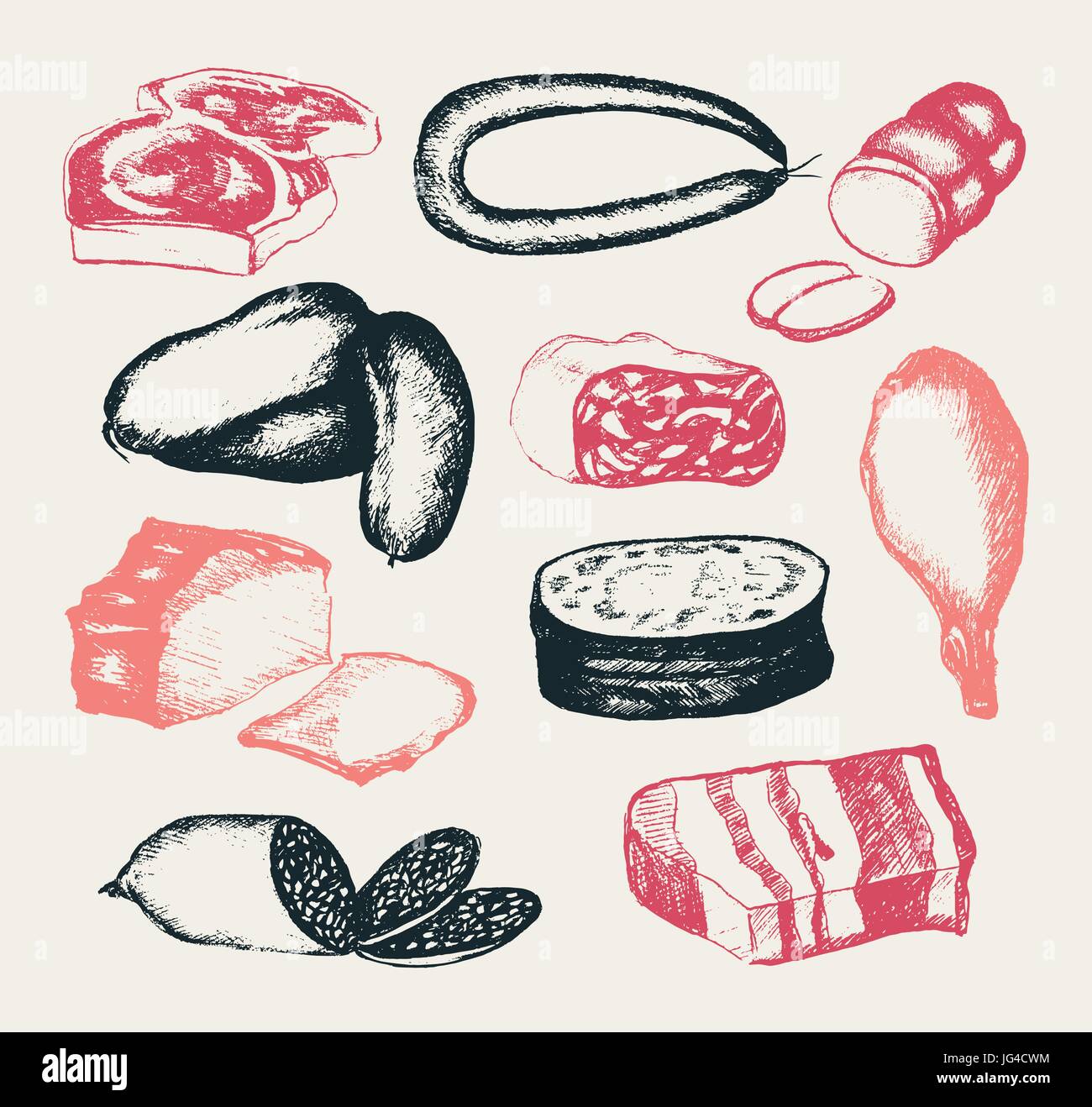 Processed Meat - color vector hand drawn composite illustration ...