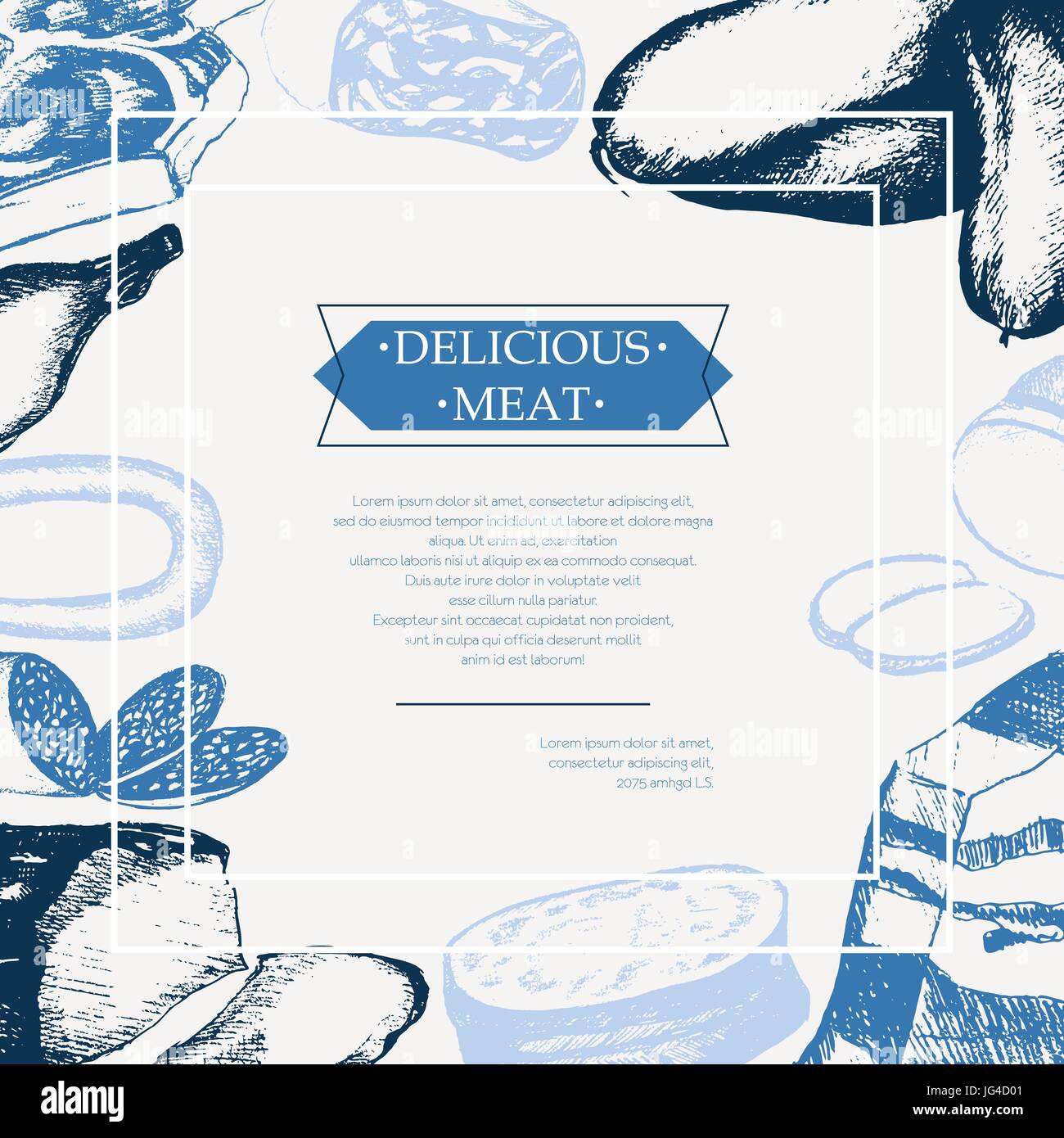 Processed Meat - color vector hand drawn vintage postcard template with ...