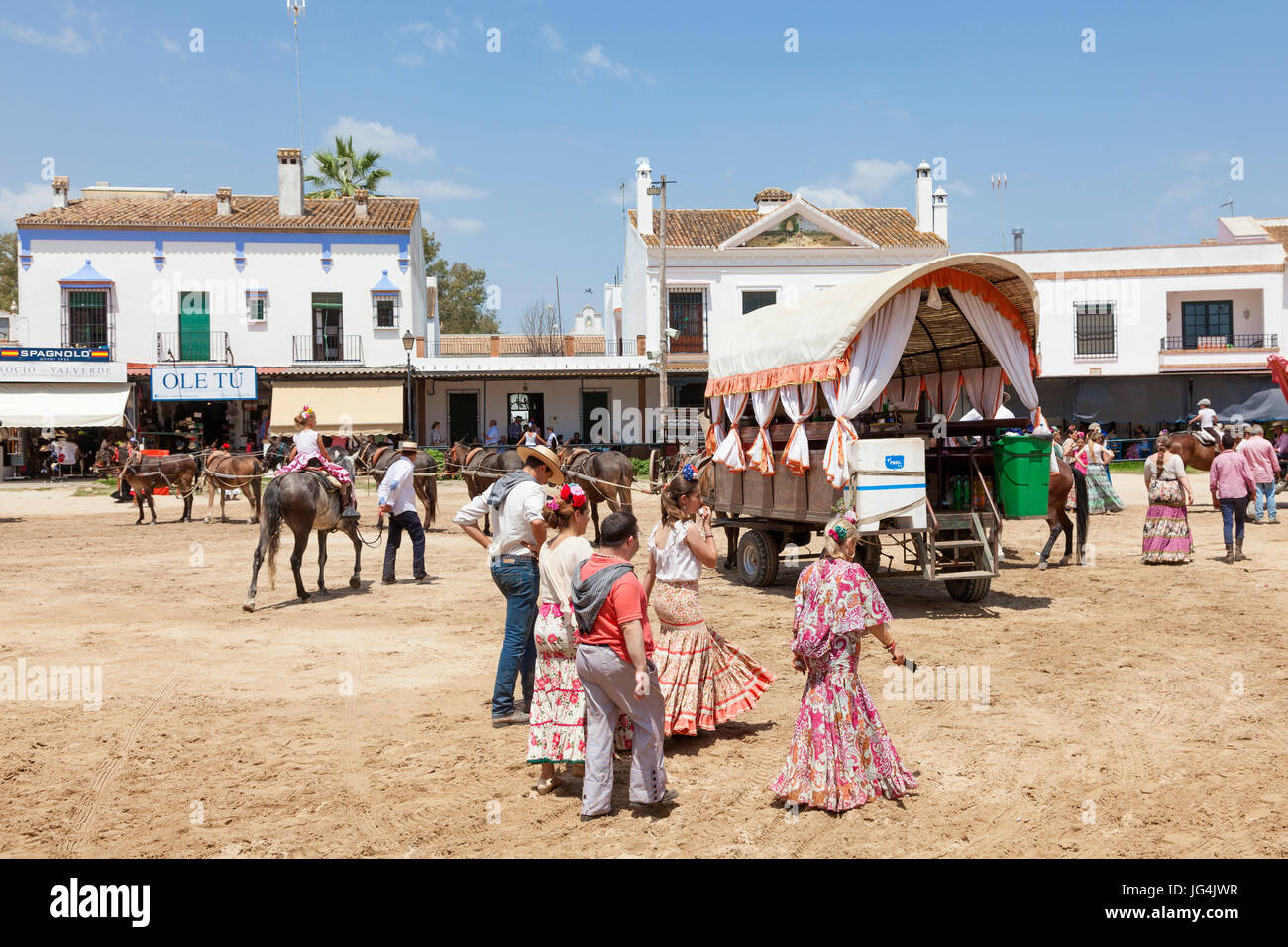 El Rocio, Spain - June 2, 2017: Street scenery in town El Rocio during ...