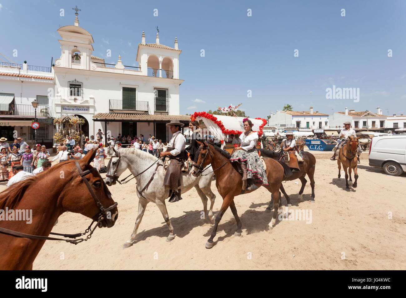 El Rocio, Spain - June 2, 2017: Pilgrims on horseback in traditional ...