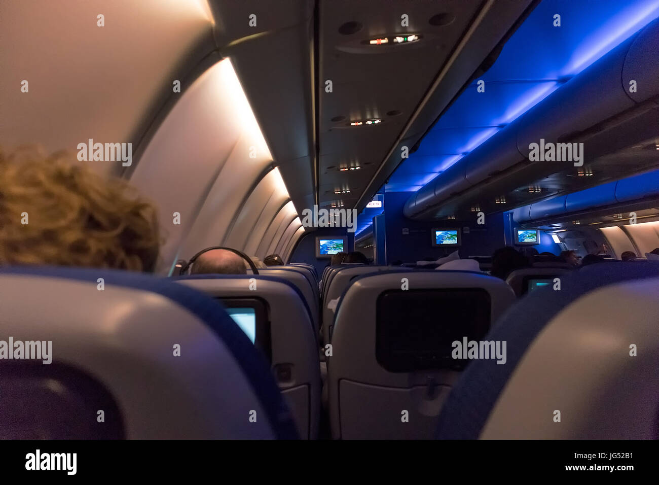 Night view of the interior of airplane Stock Photo - Alamy
