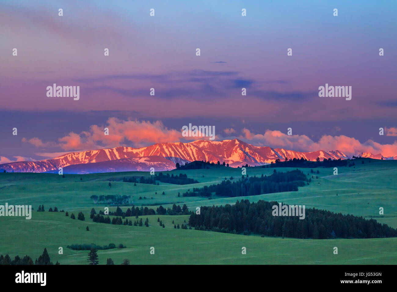 sunrise on peaks of the anaconda range above spotted dog creek basin ...