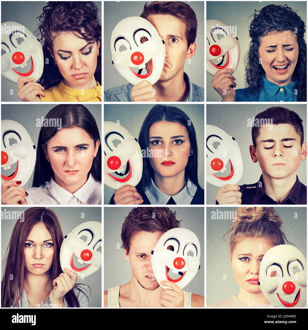 Group of sad angry stressed people hiding real emotions behind happy ...