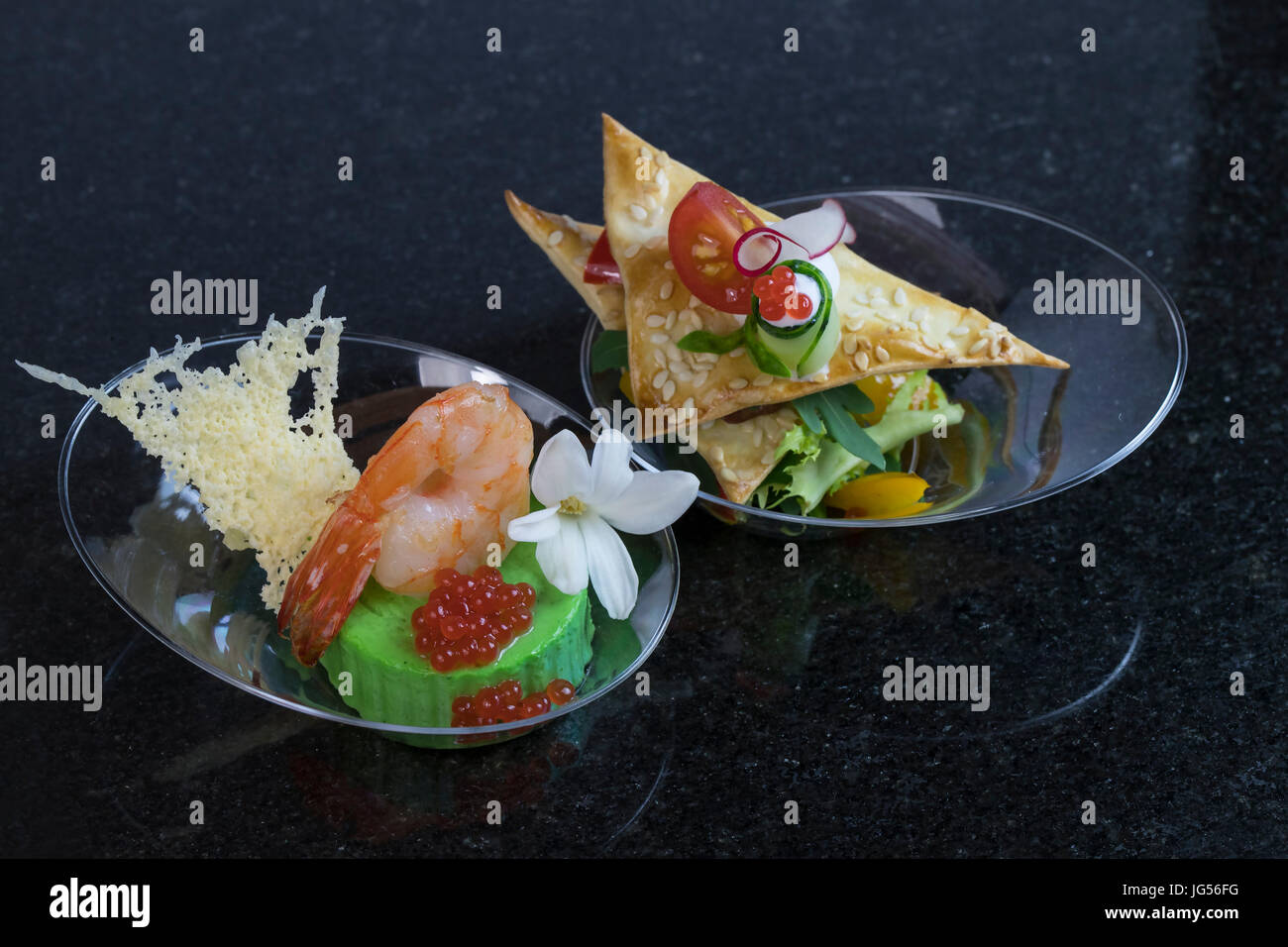 Canape desserts and snack in plastic cups Stock Photo - Alamy