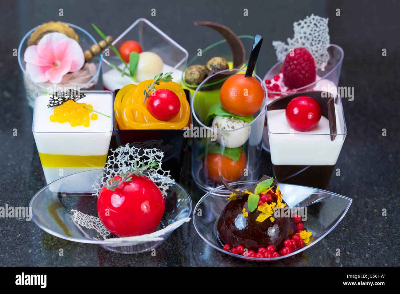 Canape desserts and snack in plastic cups Stock Photo - Alamy