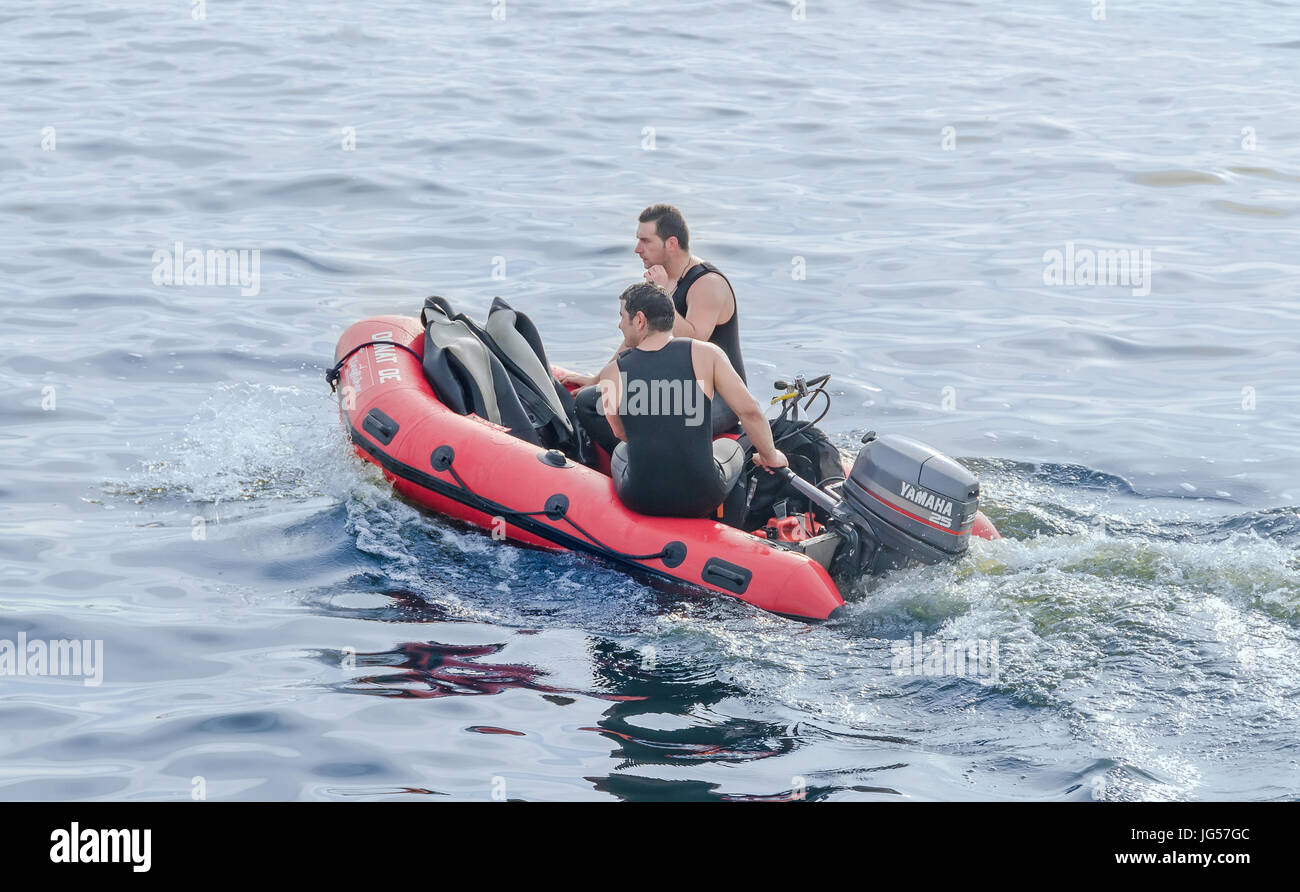 BUCHAREST, ROMANIA - SEPTEMBER 5, 2015. Divers training on the red ...