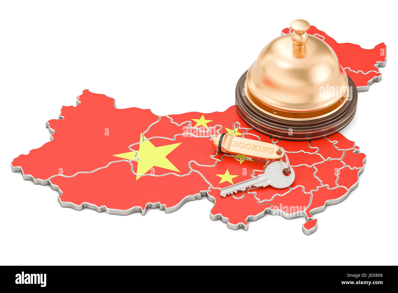 China booking concept. Chinese flag with hotel key and reception bell ...