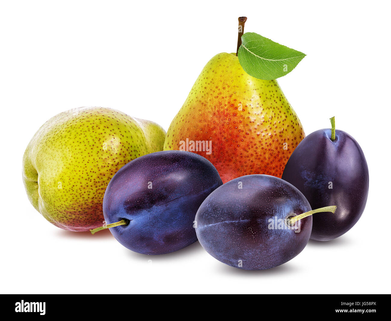 pears and plum isolated on white background Stock Photo - Alamy