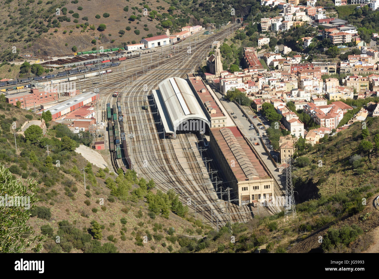 Elevated view of train station of Portbou, Girona province,Catalonia ...