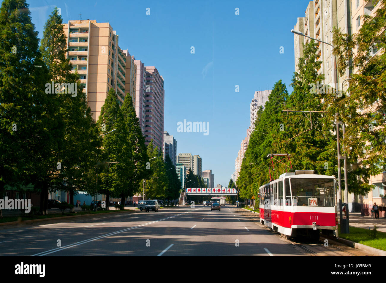 Huge communist appartment blocks on empty streets, Pyongyang, North ...