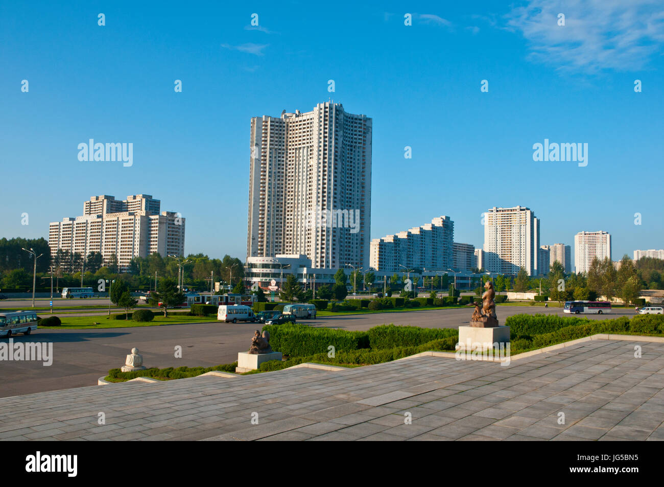 Huge communist appartment blocks on empty streets, Pyongyang, North ...