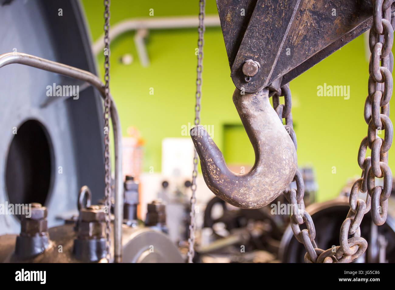 Vintage mining winch empowered by steam engine. Hook Stock Photo - Alamy
