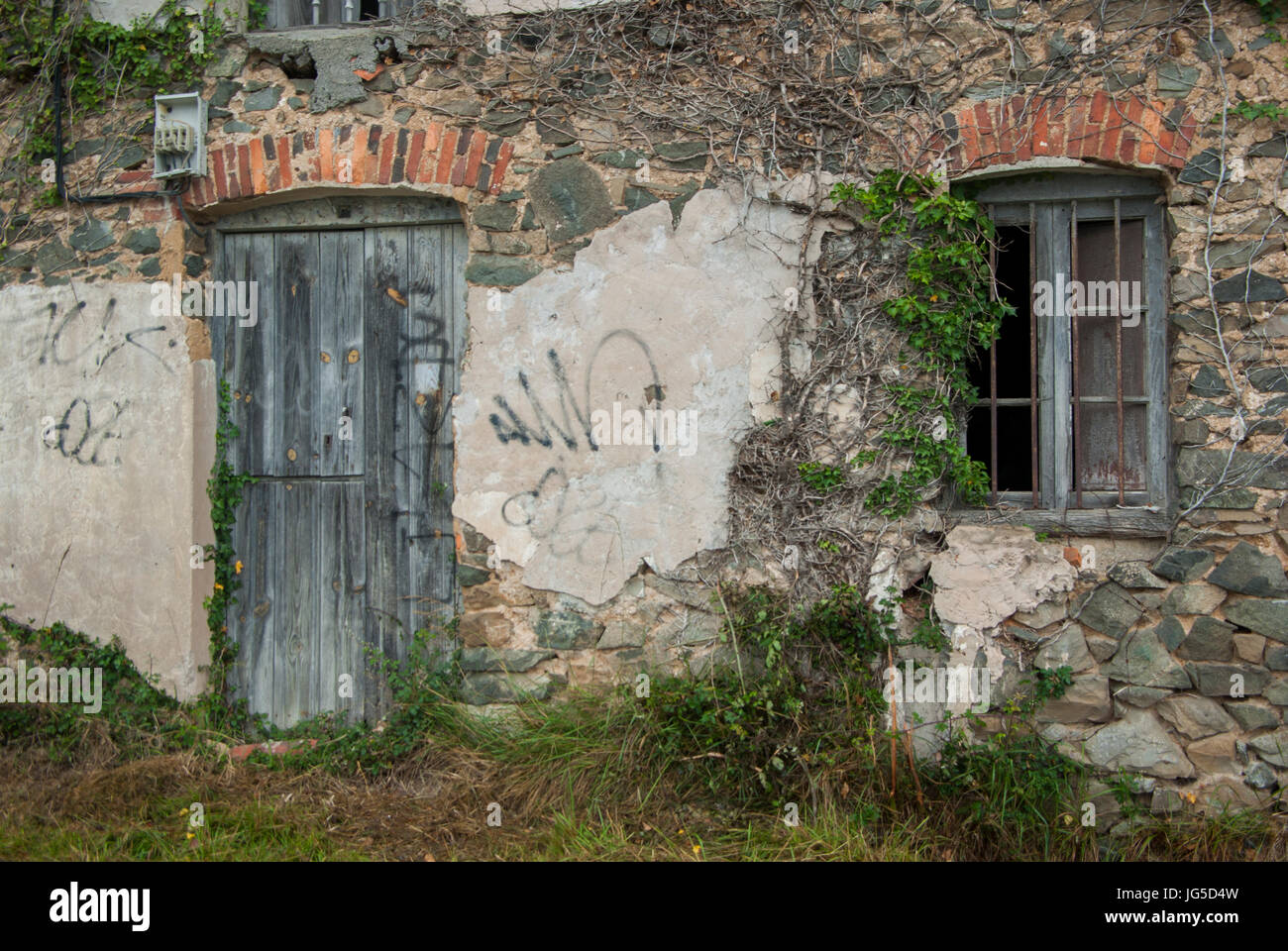 Old door and window of a typical stone house with climbing vegetation ...