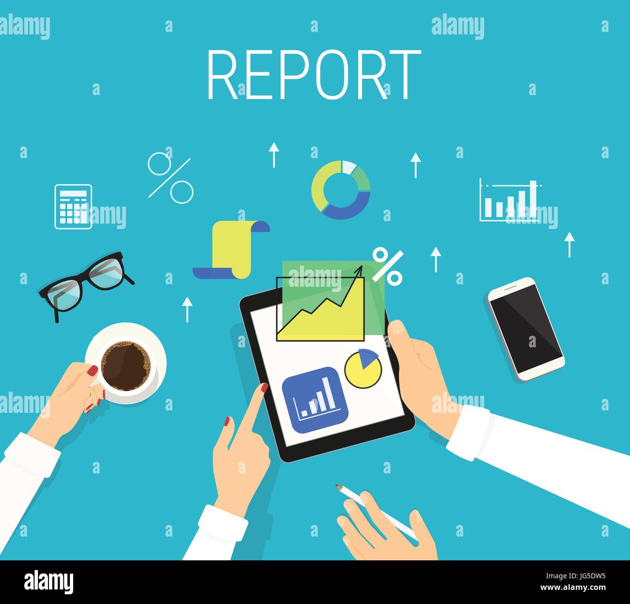 Business report paper on blue background with long shadow. Modern ...