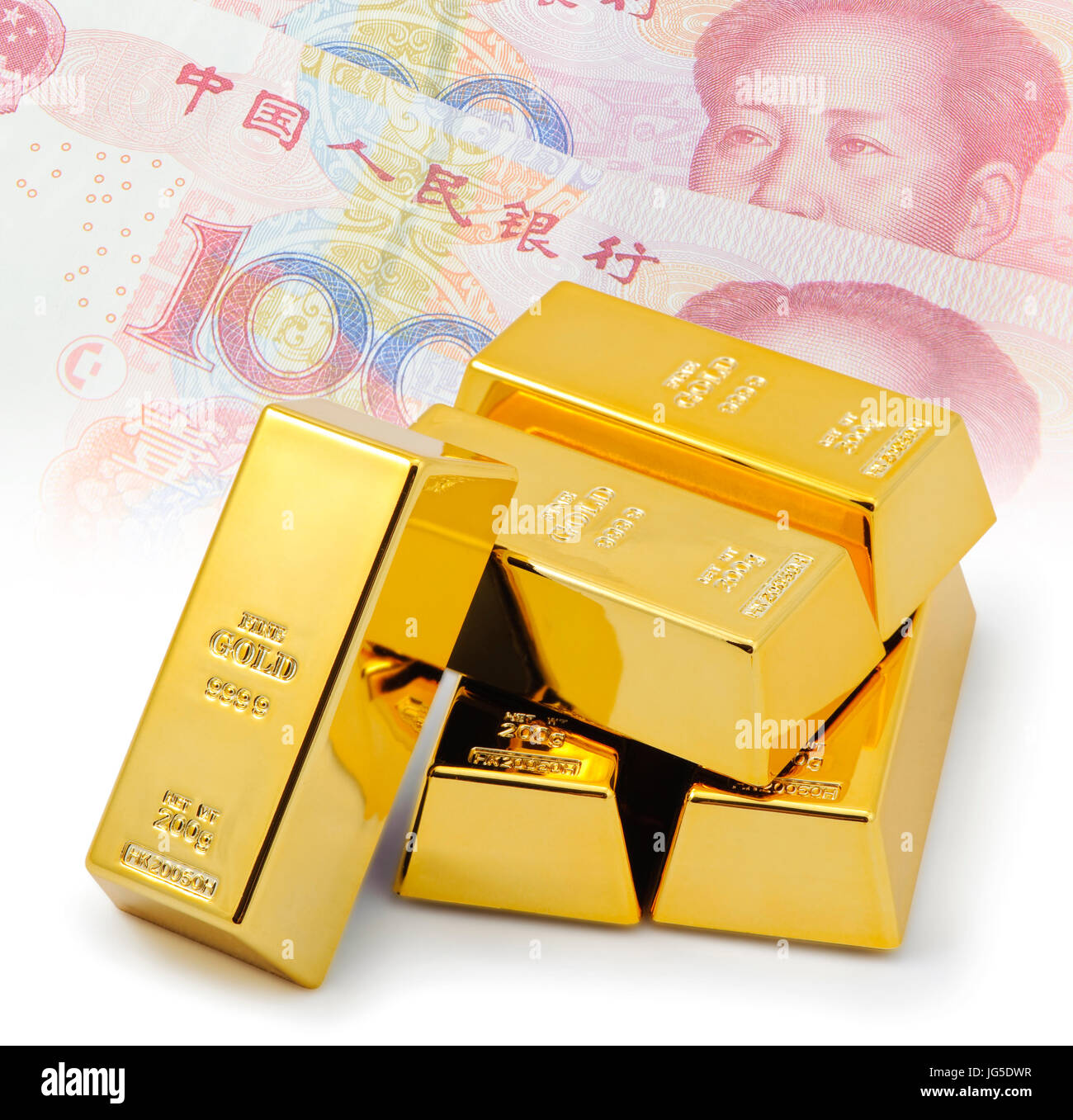 Five gold bars with china one hundred yuan background Stock Photo - Alamy