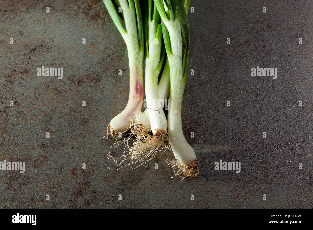 Fresh green onion stalks with water drops on ceramic hob background ...