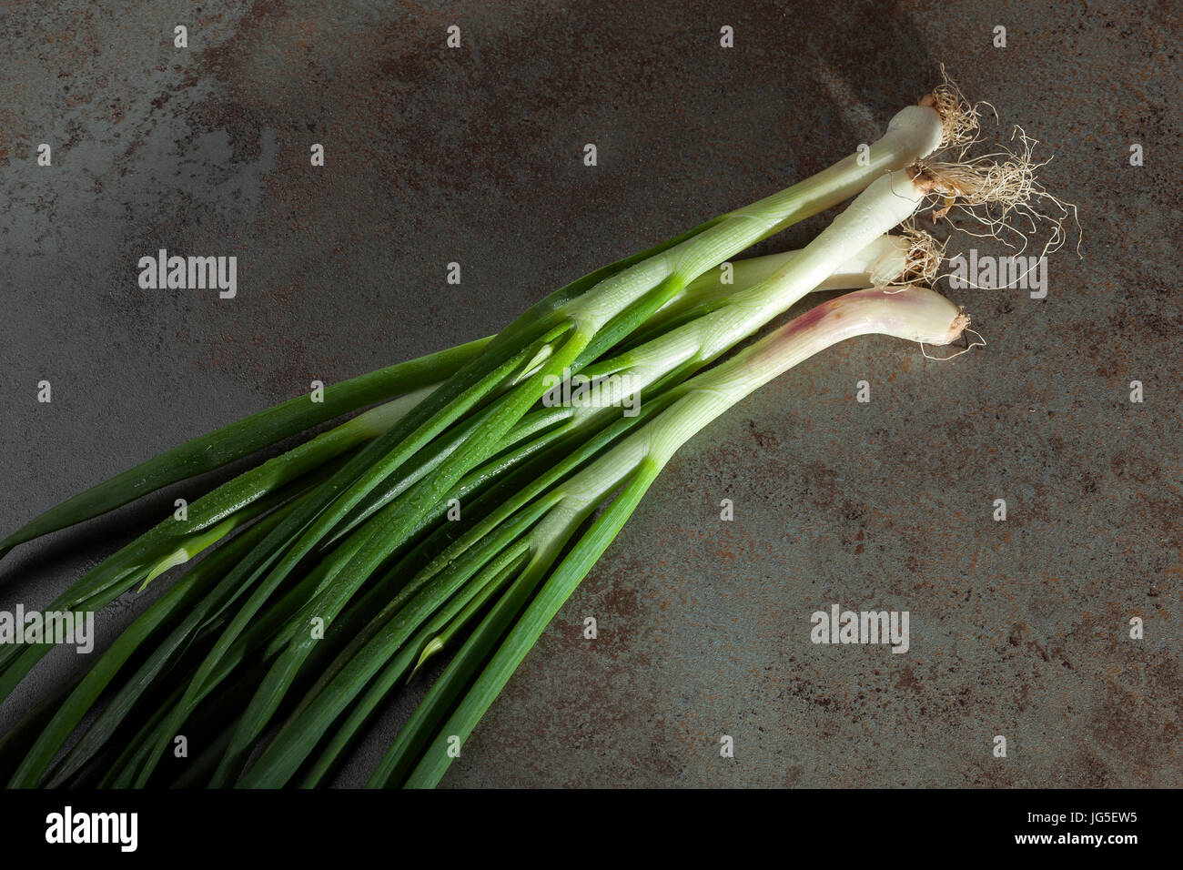 Fresh green onion stalks with water drops on ceramic hob background ...