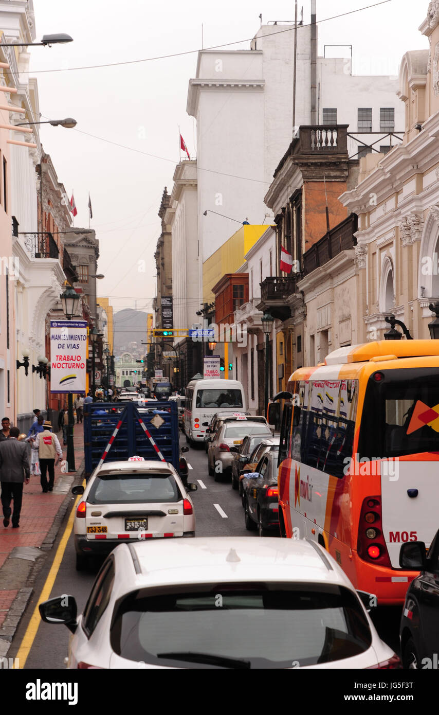 Heavy traffic on a street in Lima (Peru's capital) Old Town. Taken on ...