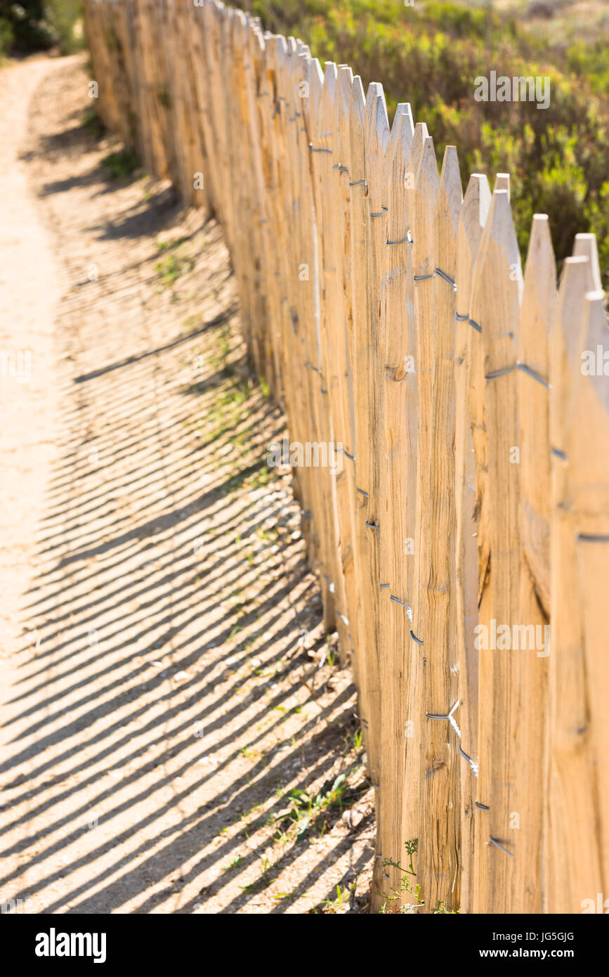 Wooden fence on an Atlantic beach in France, The Gironde Department ...